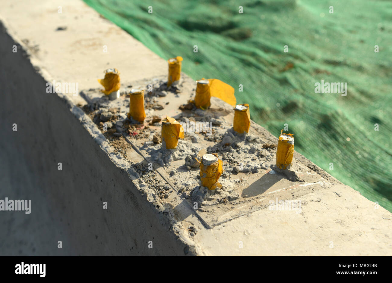 Support base for vertical element a fence at new apartment estate by ...