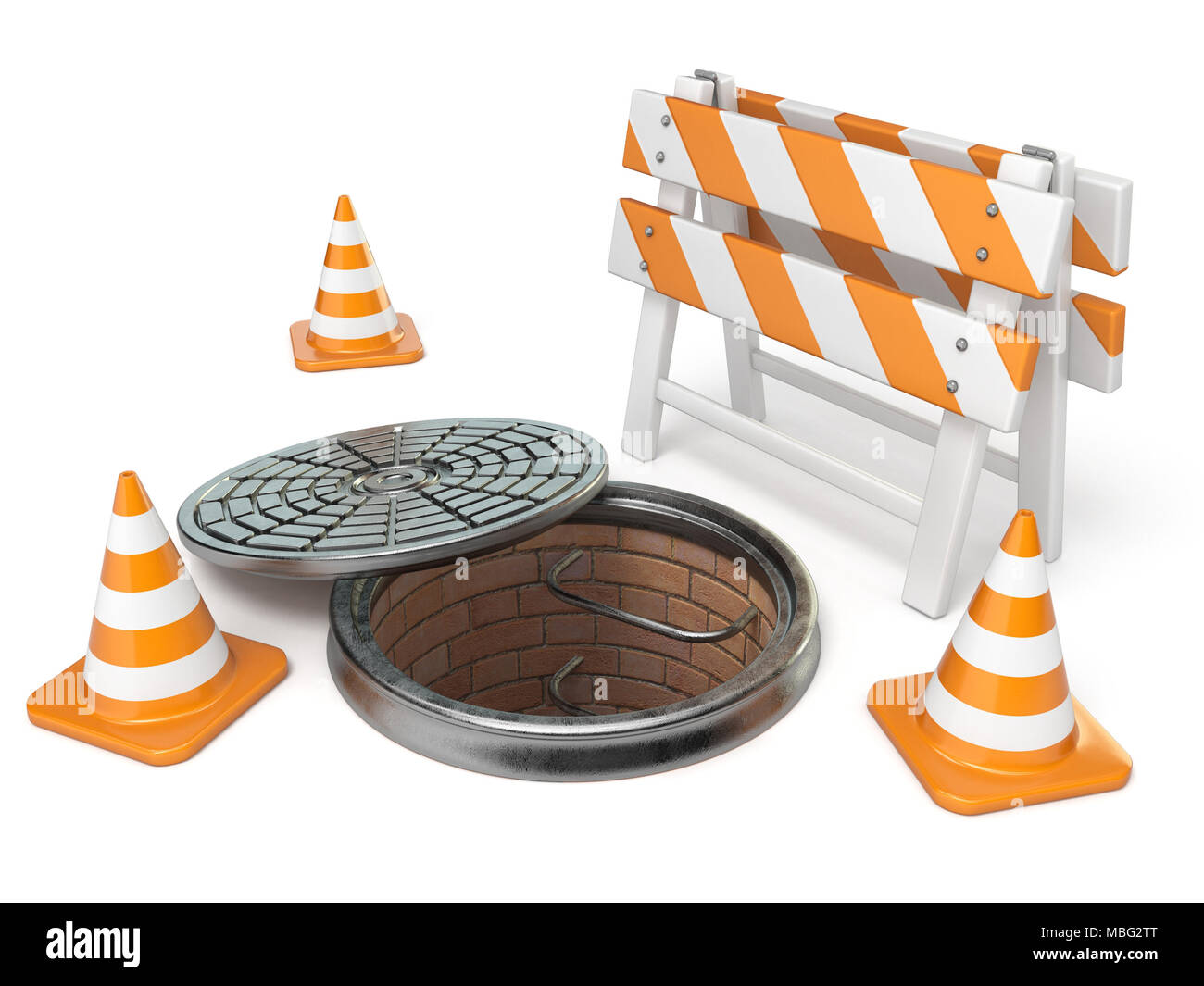 Manhole traffic cone and barrier 3D render illustration isolated on ...