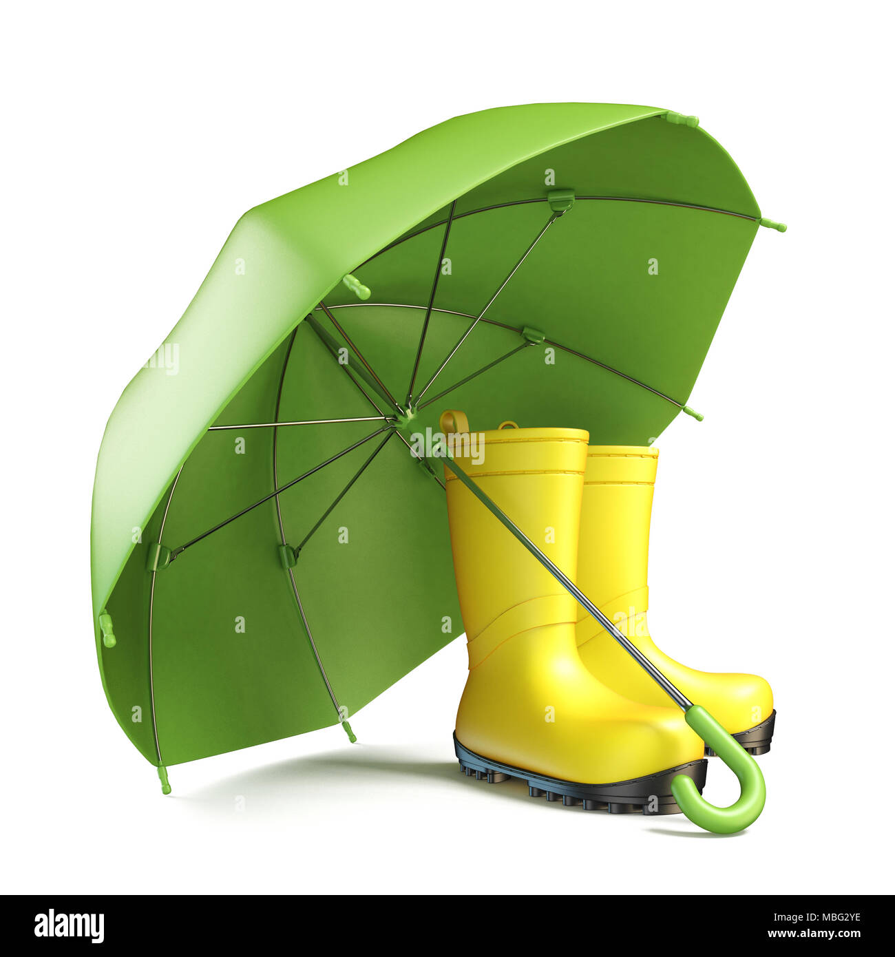Pair of yellow rain boots and a green umbrella 3D render illustration isolated on white ...