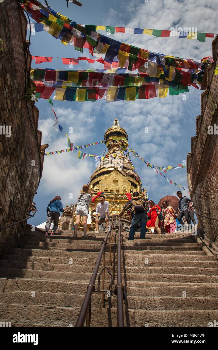A view up steep steps towards Swayambu monkey temple, Kathmandu, Nepal ...