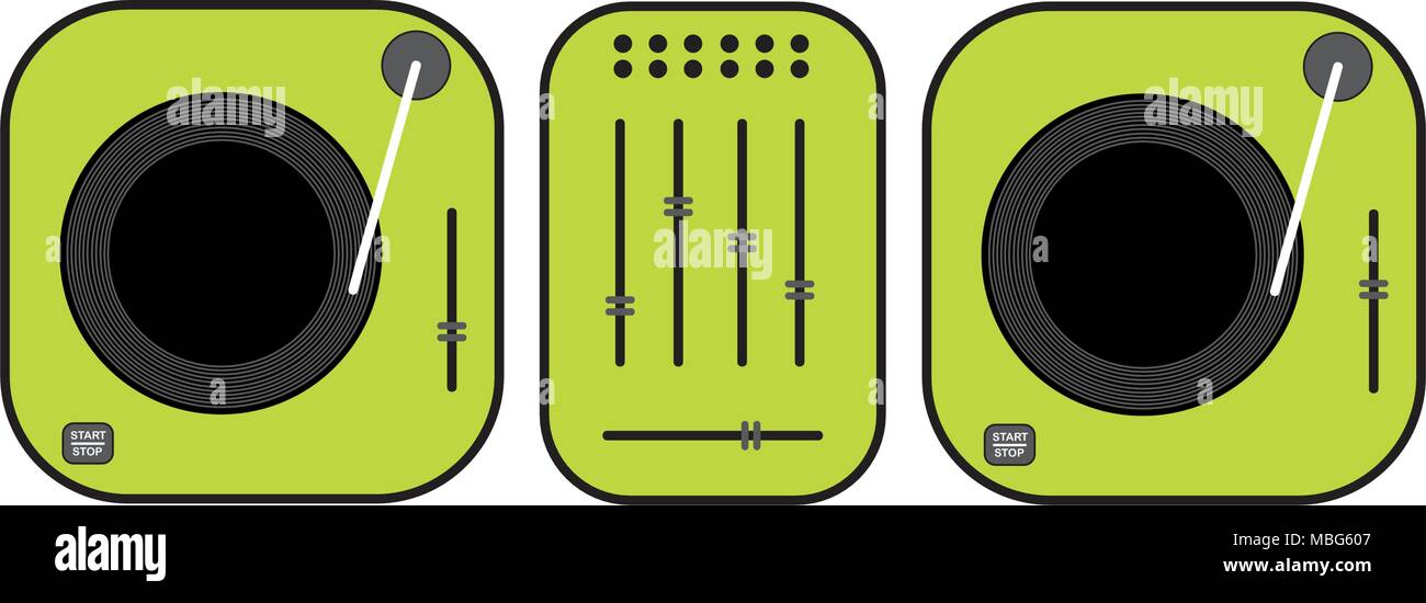 Flat outlined dj turntables illustration. Green vinyl turntable. Flat ...