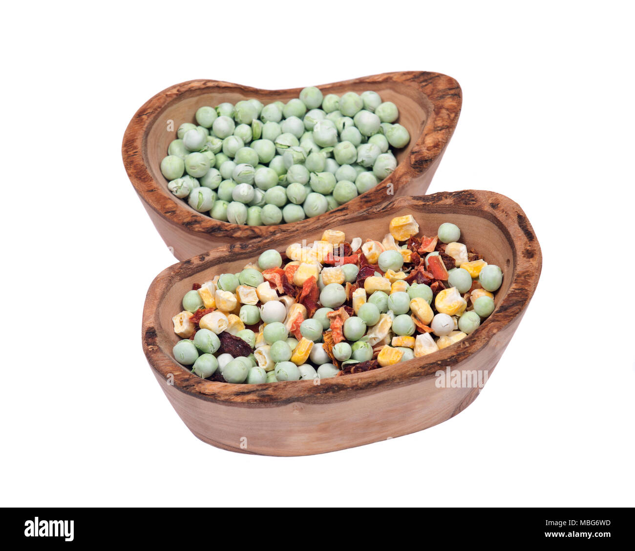 Natural crunchy dried veggies in olive wood bowl isolated on white ...