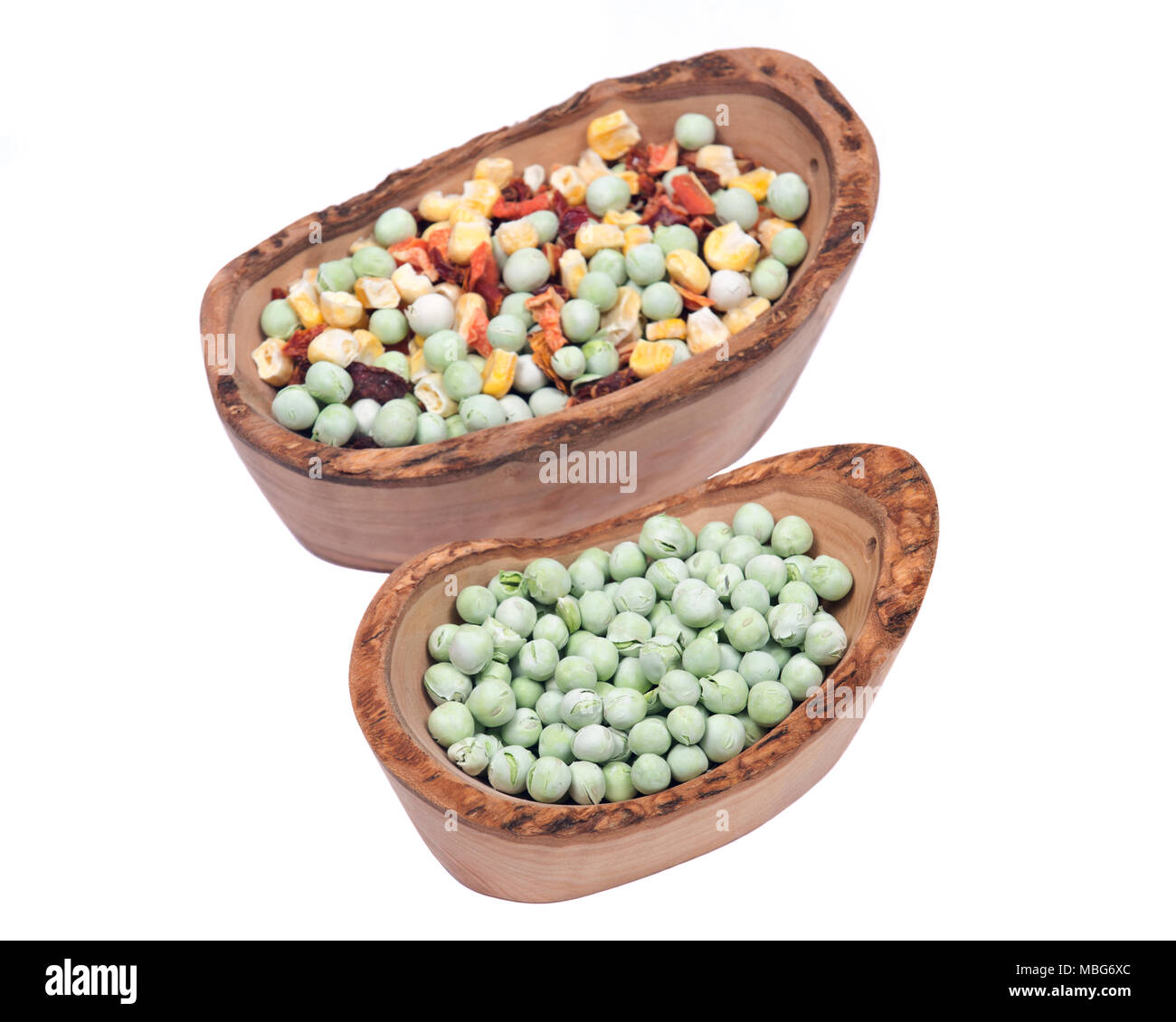 Natural crunchy dried veggies in olive wood bowl isolated on white ...