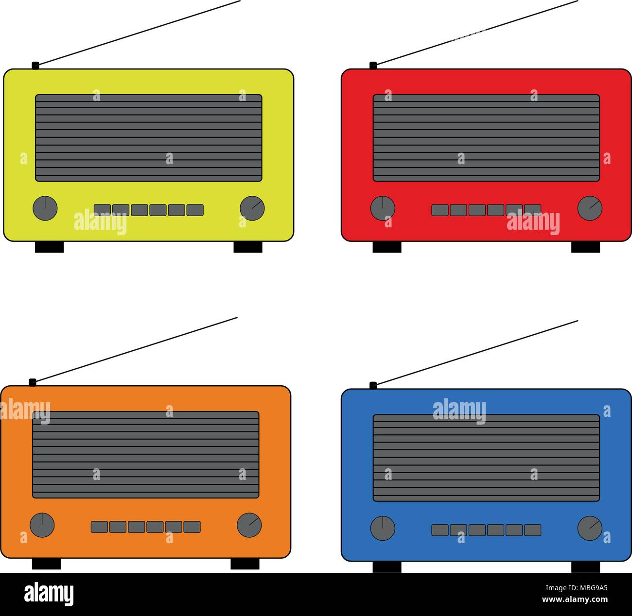 Set of four old and retro style radio. Flat style vector drawing. Radio ...