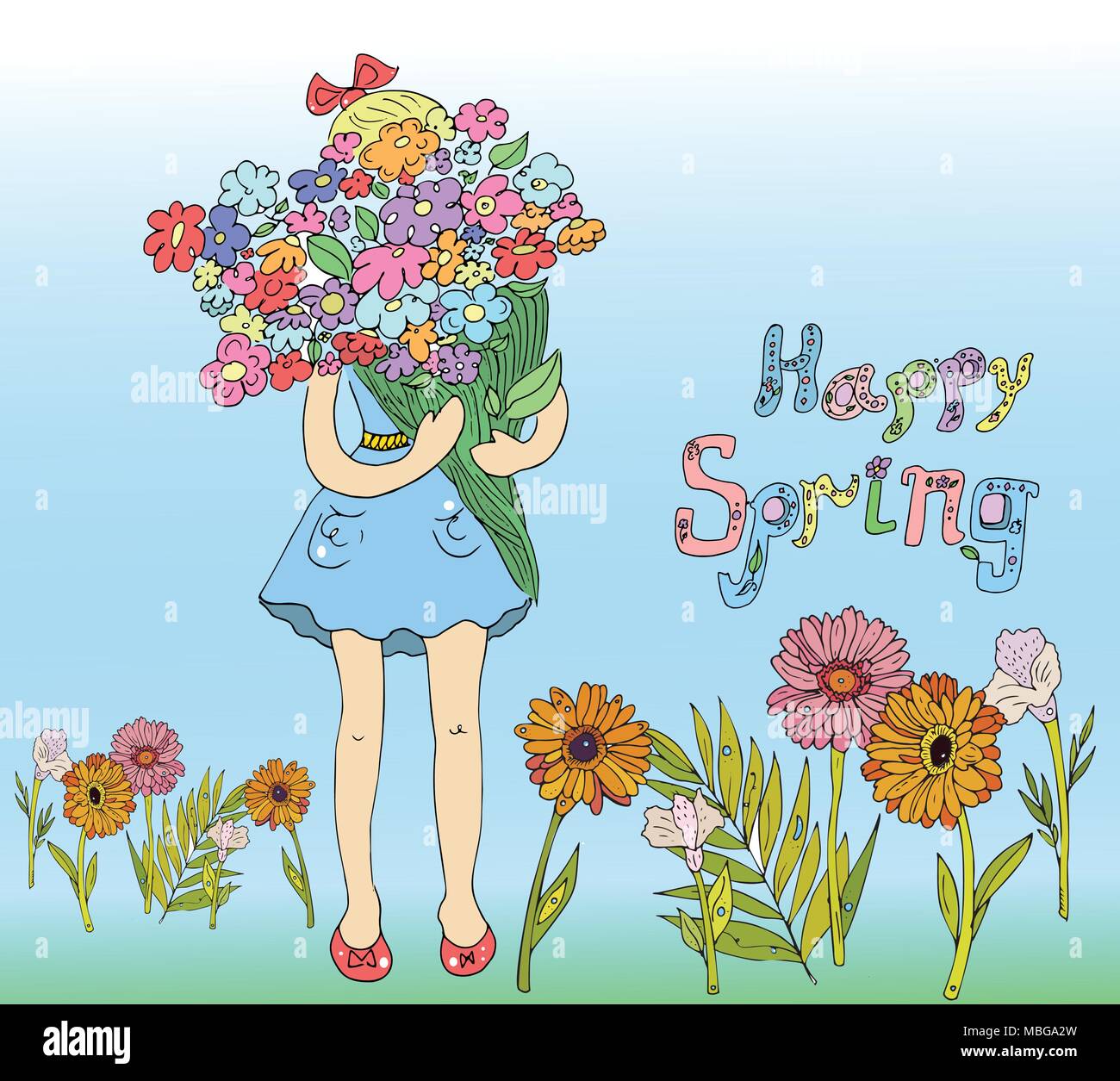 Spring girl with flowers.Children illustration for books graphic ...