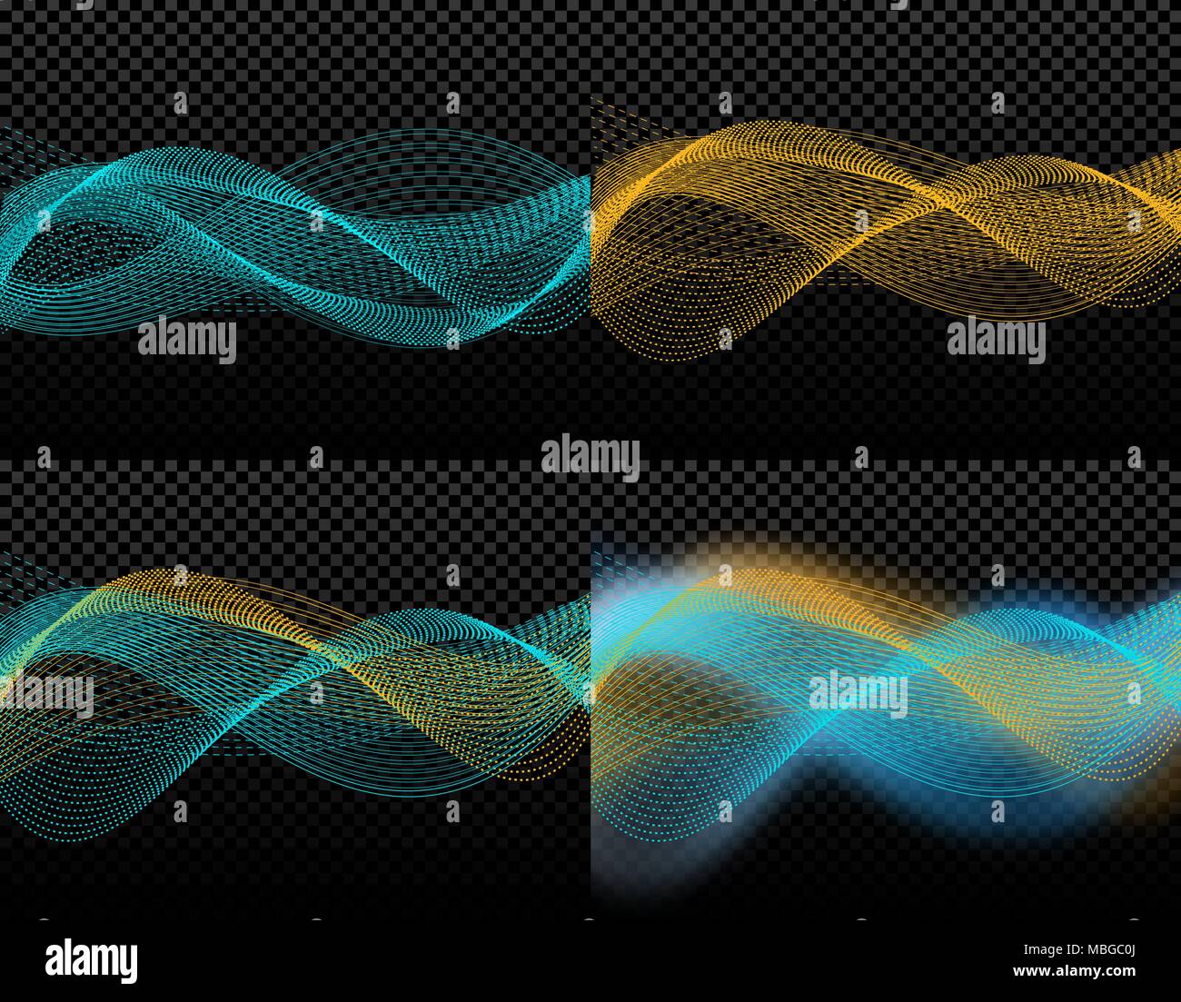 Four card. Light effects. Abstract discrete waves of golden and blue in ...