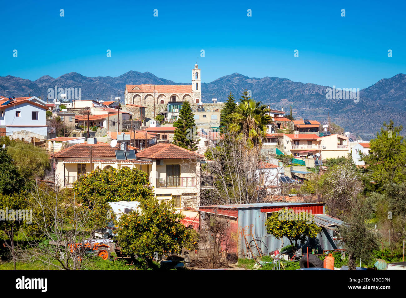 View of Kellaki village and Agios Georgios Tropaioforos church on top ...