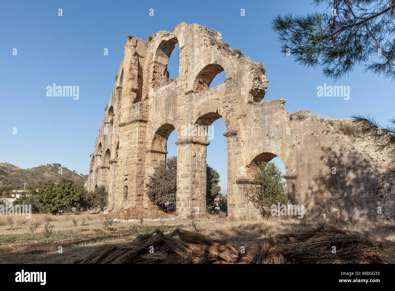 aqueducts in the ancient city of Aspendos in Antalya, Turkey Stock ...