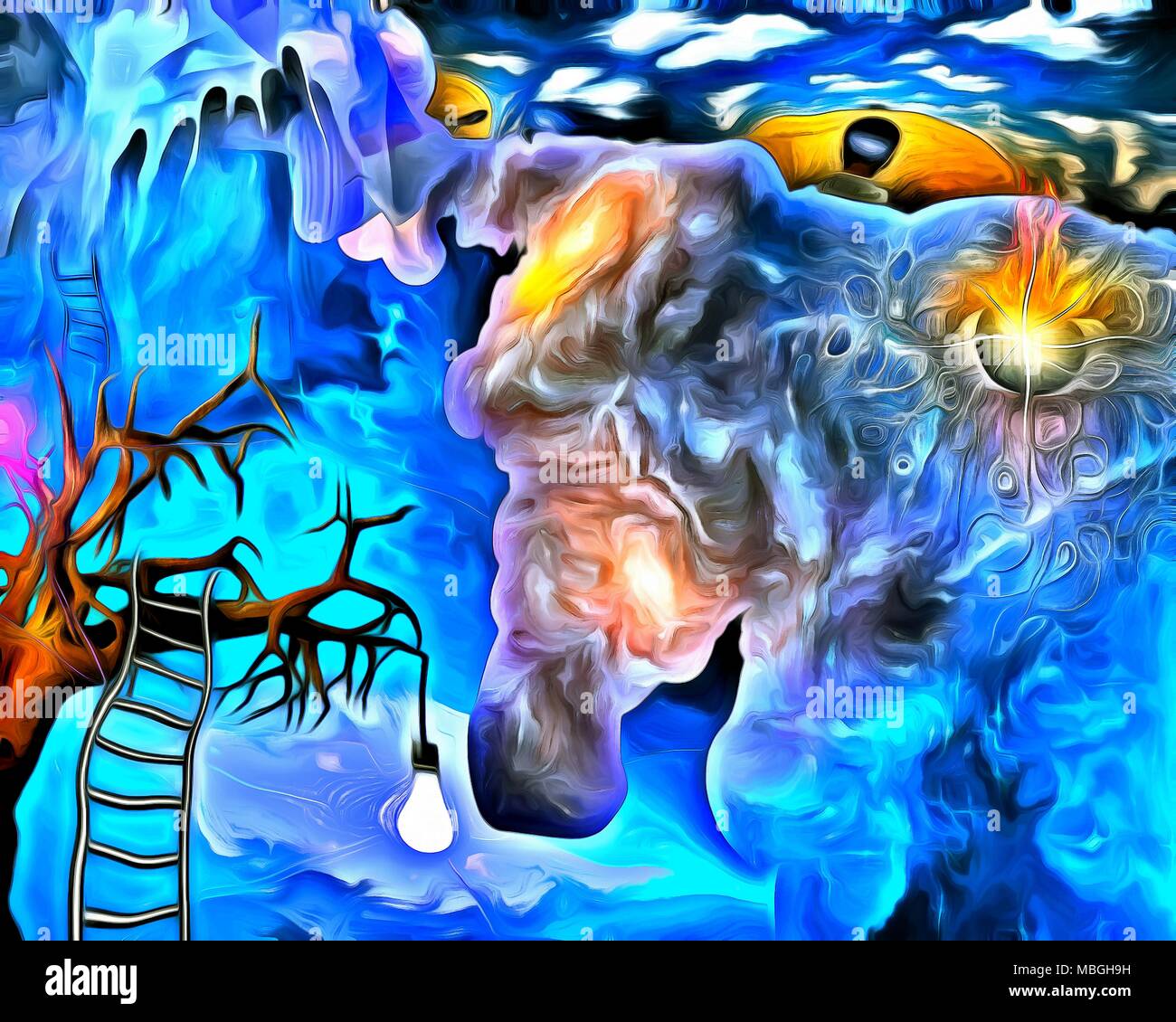 Surreal painting. Old tree with light bulb and ladder on a branch. God ...