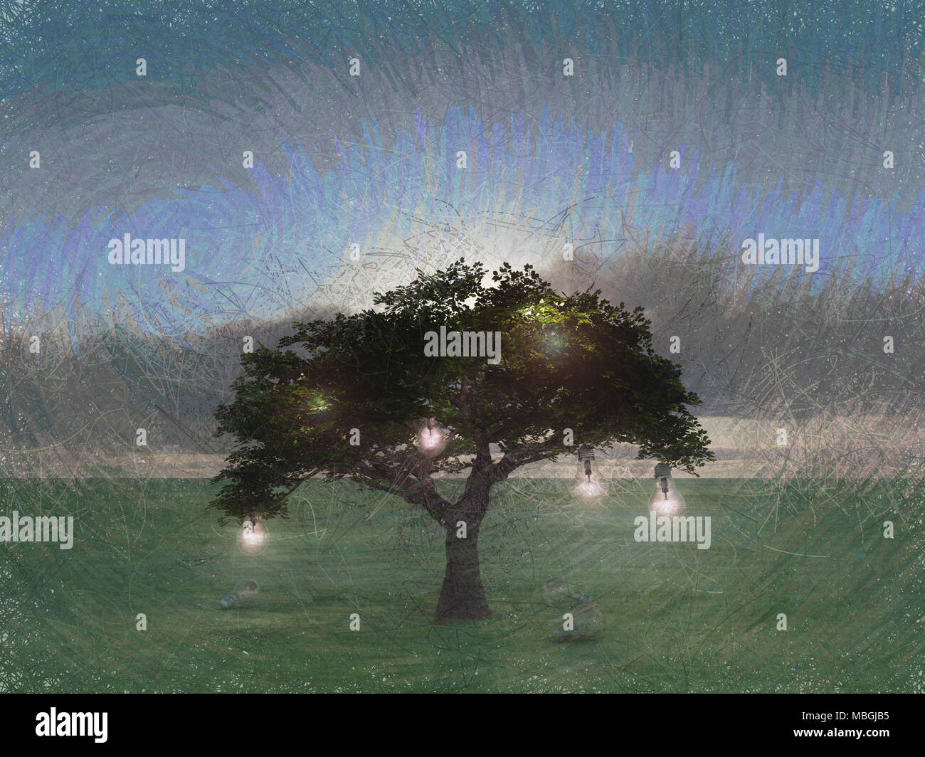 Surreal digital art. Tree with light bulbs symbolizes knowledge and ...