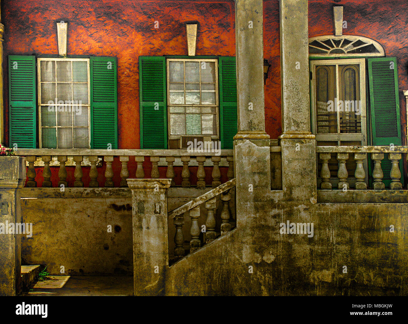 House with railing. Old rustic window with shutters Stock Photo - Alamy