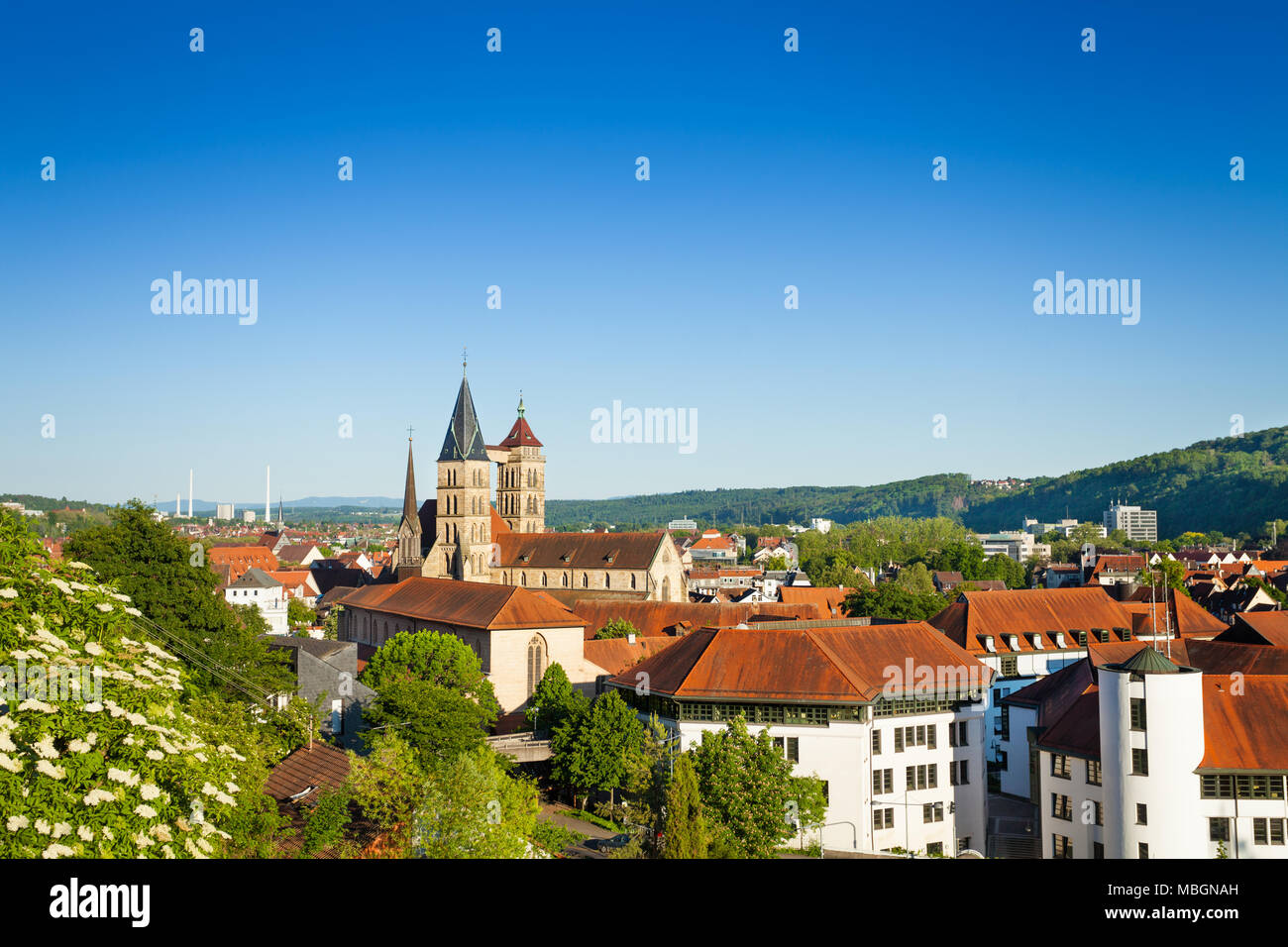 Cityscape of Esslingen with Saint Dionysius church against blue sky ...