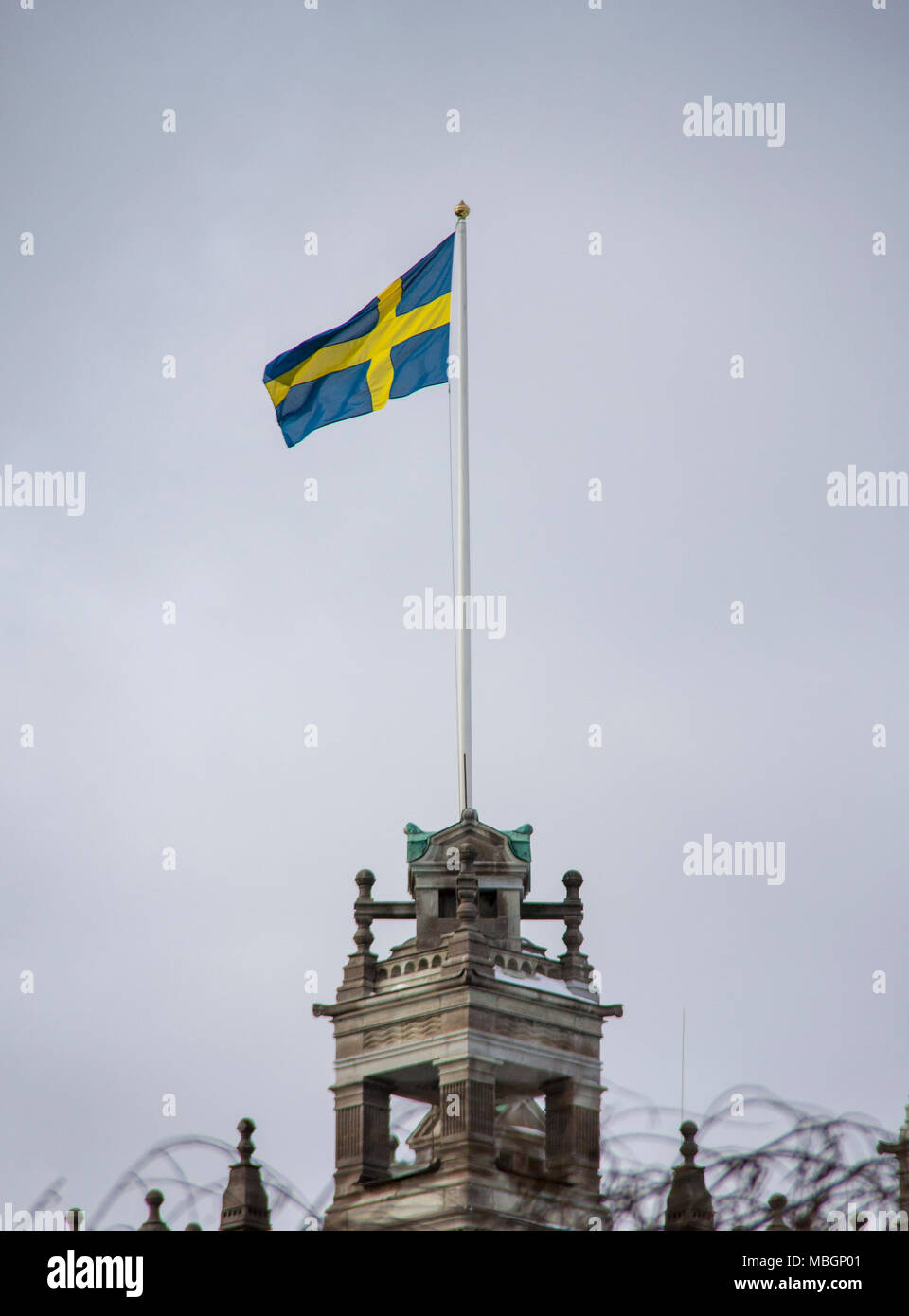 Swedish Flag Waving in the Wind. Skandinavian Sweden Flag on Grey Sky ...