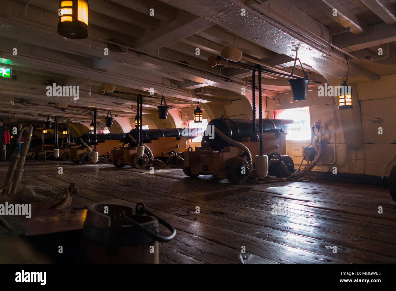 Gun deck & gun ports, with muzzle loading cannons, of Admiral Lord ...