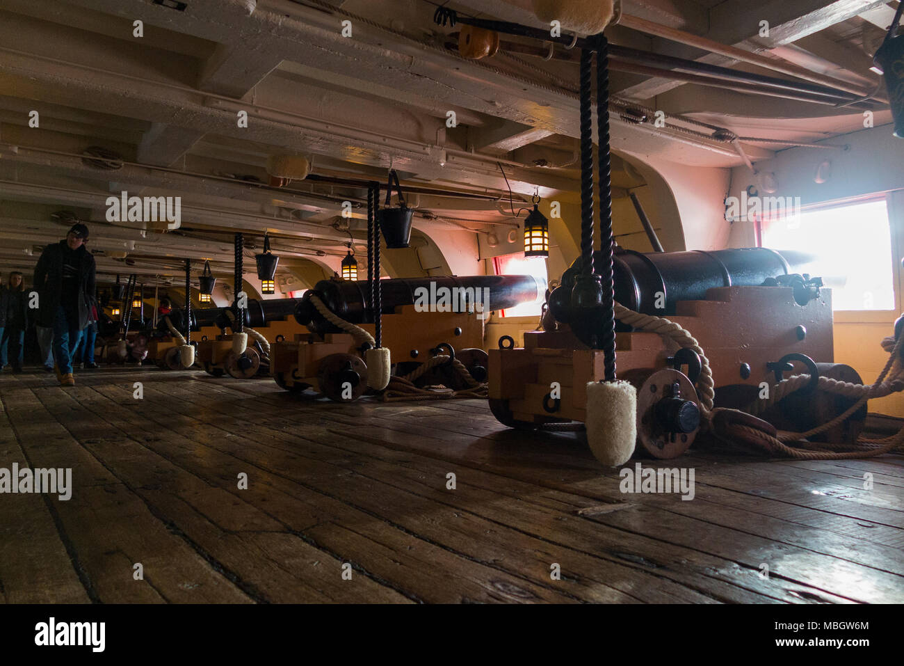 Gun deck & gun ports, with muzzle loading cannons, of Admiral Lord ...