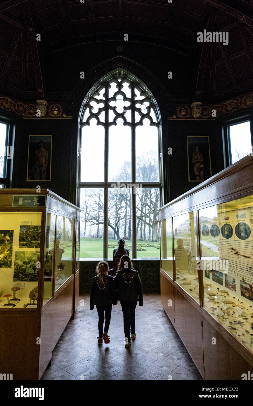 Two young girls looking at Exhibits inside Cliffe Castle Museum ...