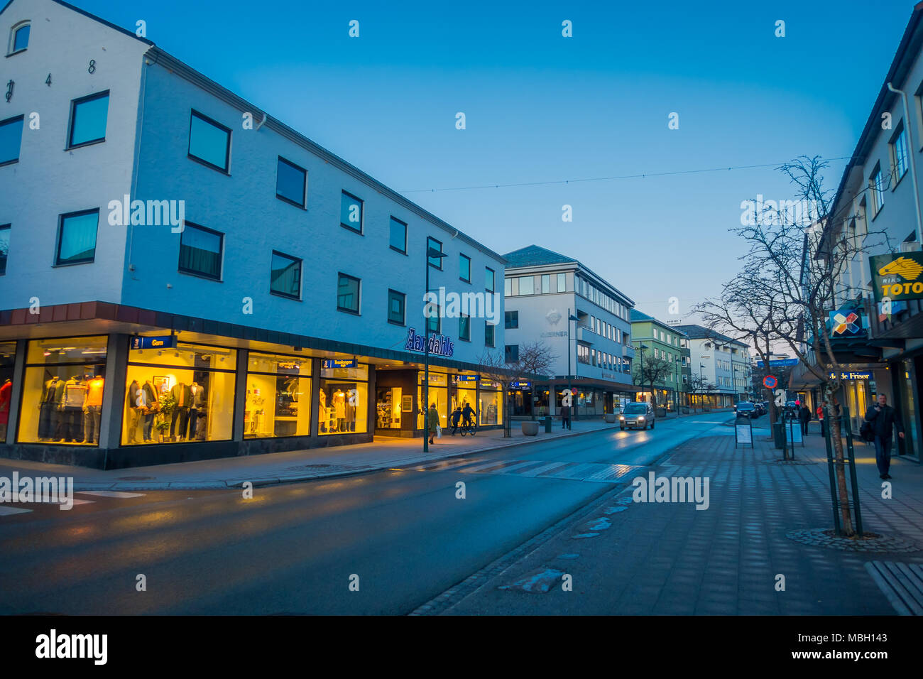 MOLDE, NORWAY - APRIL 04, 2018: Outdoor view of buildings on streets of ...