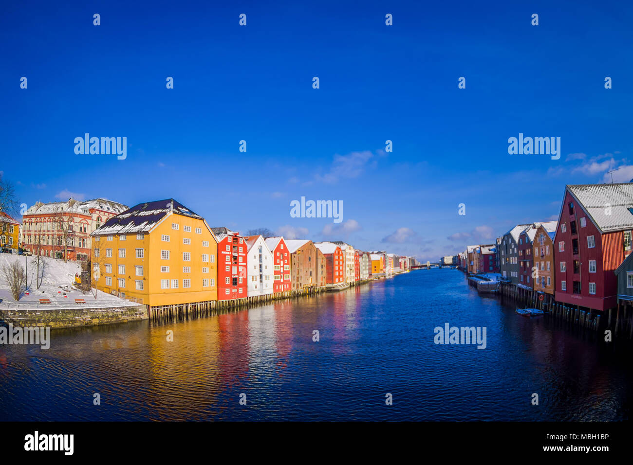 TRONDHEIM, NORWAY - APRIL 04, 2018: Gorgeous view of famous wooden ...
