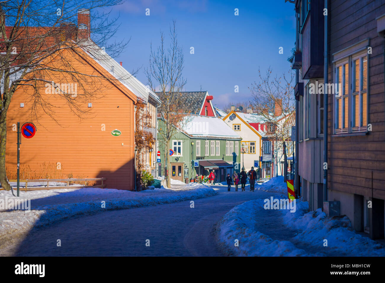 TRONDHEIM, NORWAY - APRIL 04, 2018: Outdoor view of unidentified people ...