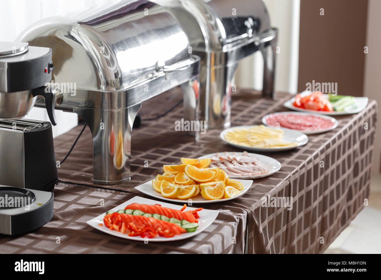 Buffet trays heated ready for service. Breakfast in hotel smorgasbord ...