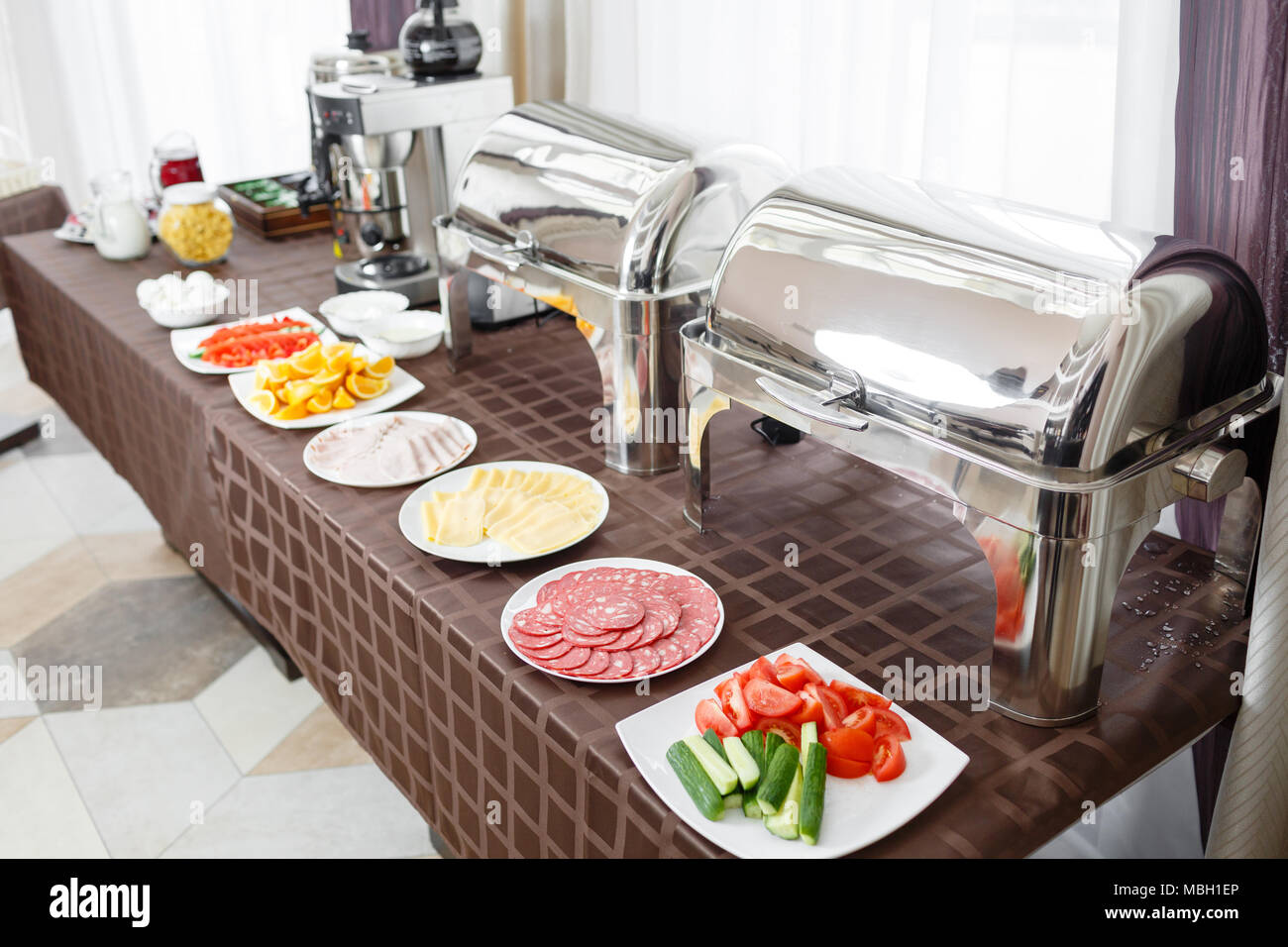 Buffet trays heated ready for service. Breakfast in hotel smorgasbord ...