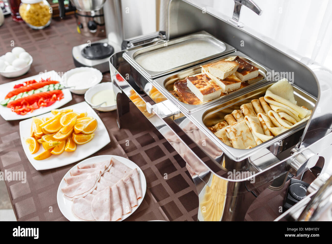 Buffet trays heated ready for service. Breakfast in hotel smorgasbord ...