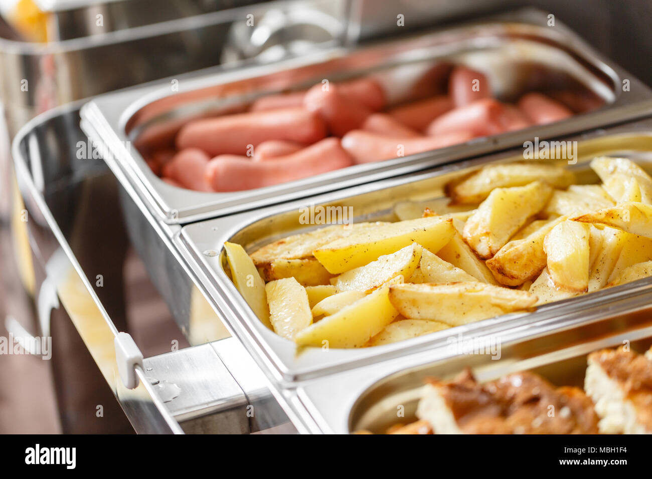 Buffet trays heated ready for service. Breakfast in hotel smorgasbord ...