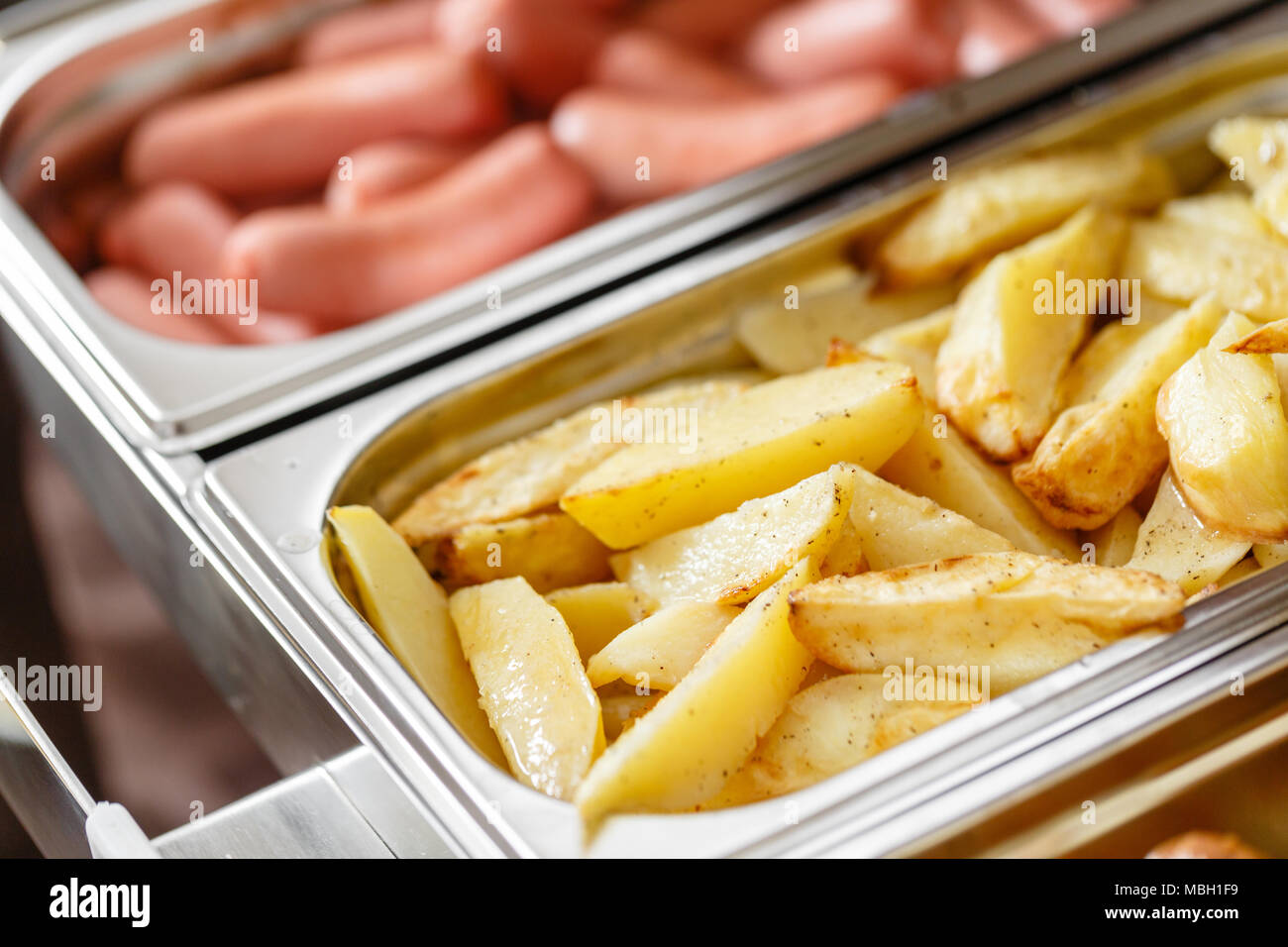 Buffet trays heated ready for service. Breakfast in hotel smorgasbord ...
