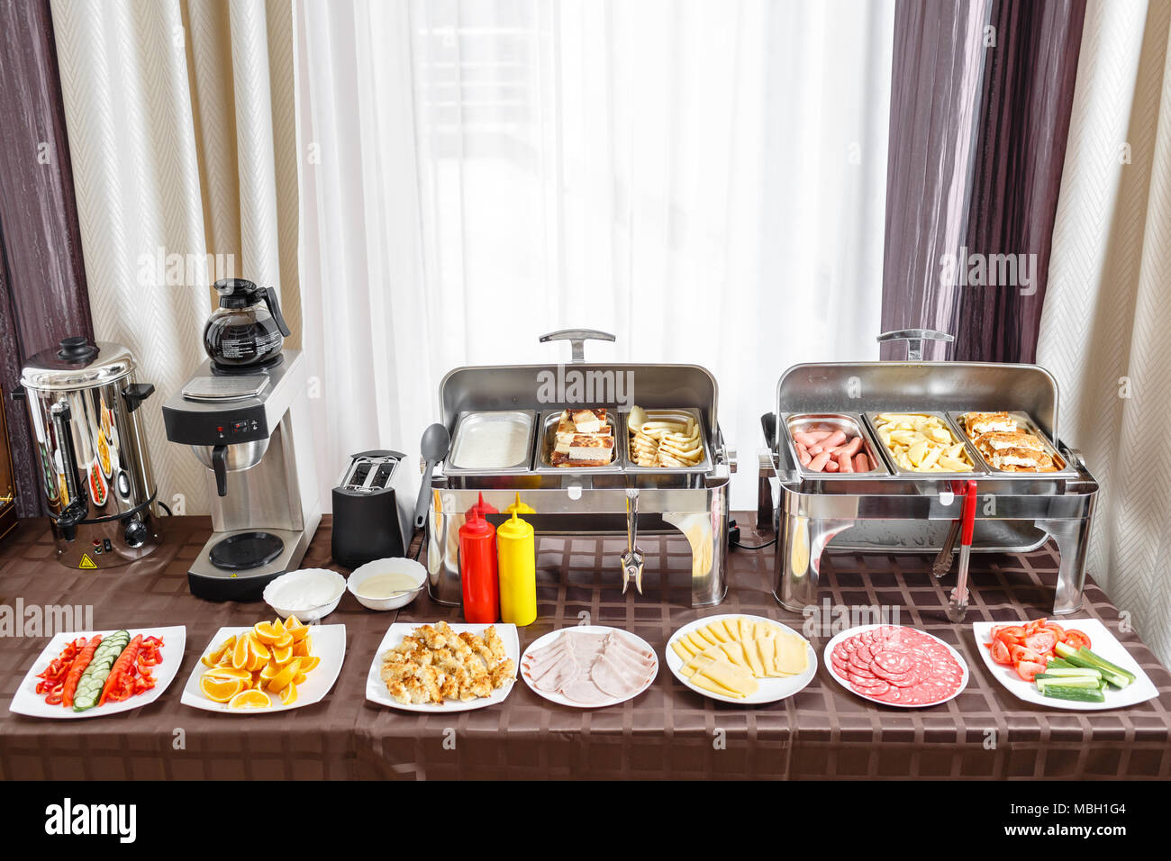 Buffet trays heated ready for service. Breakfast in hotel smorgasbord ...