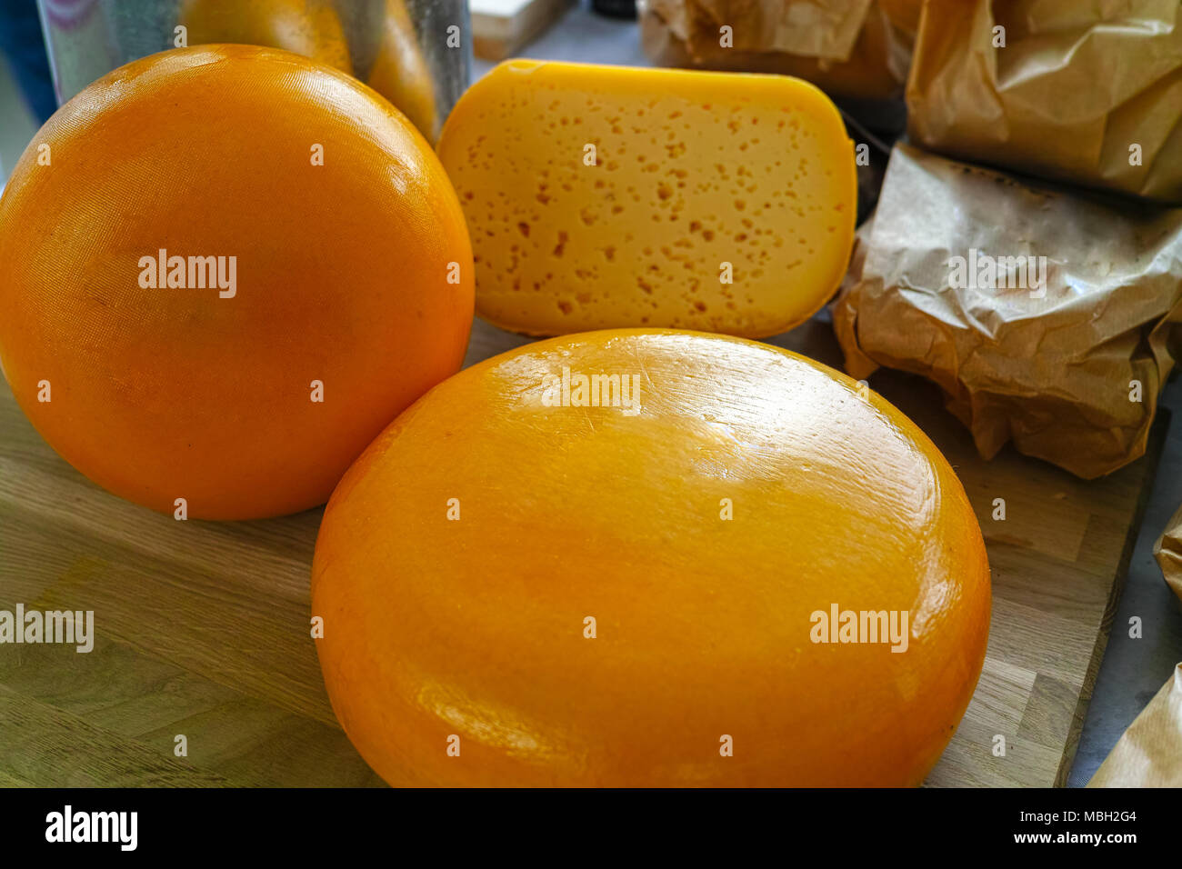 Traditional Dutch cow hard cheese, whole milk round cheese Stock Photo ...