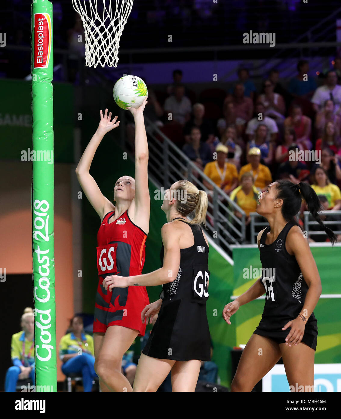 England's Joanne Harten (GS) shoots against New Zealand in the netball ...