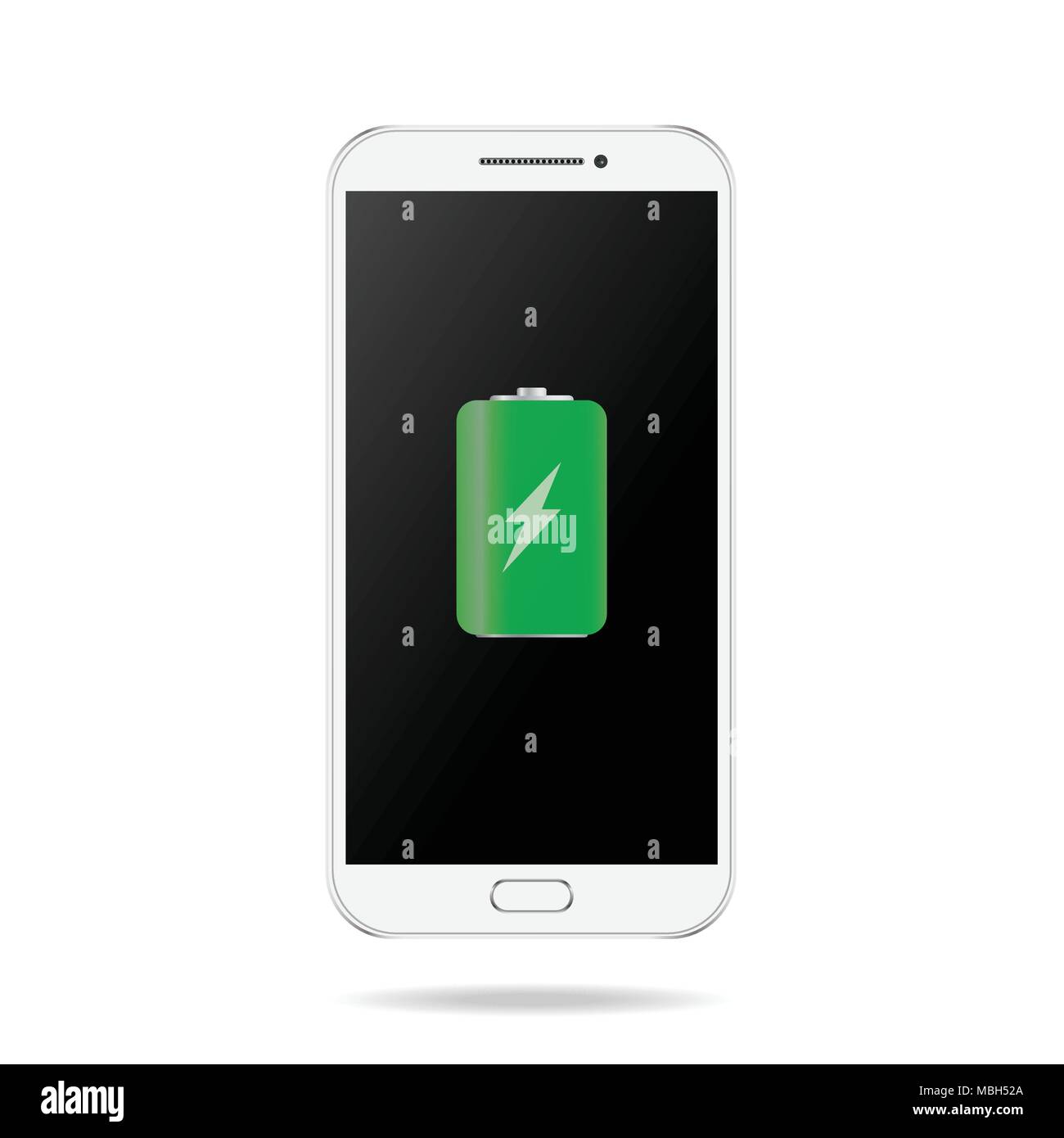 White smartphone with green full battery icon. Realistic vector ...