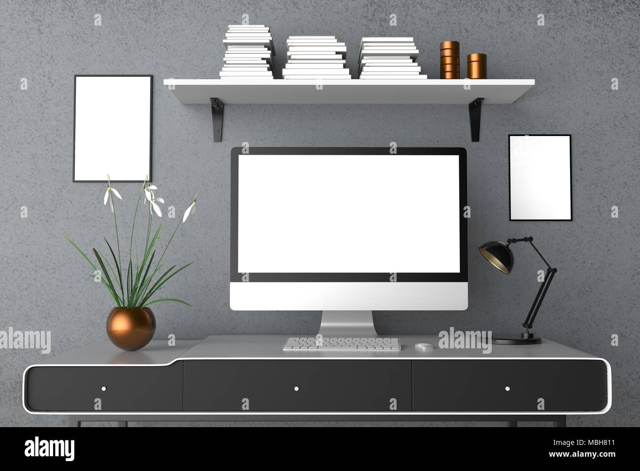Modern workspace, isolated computer screen and frame mock up. 3D ...