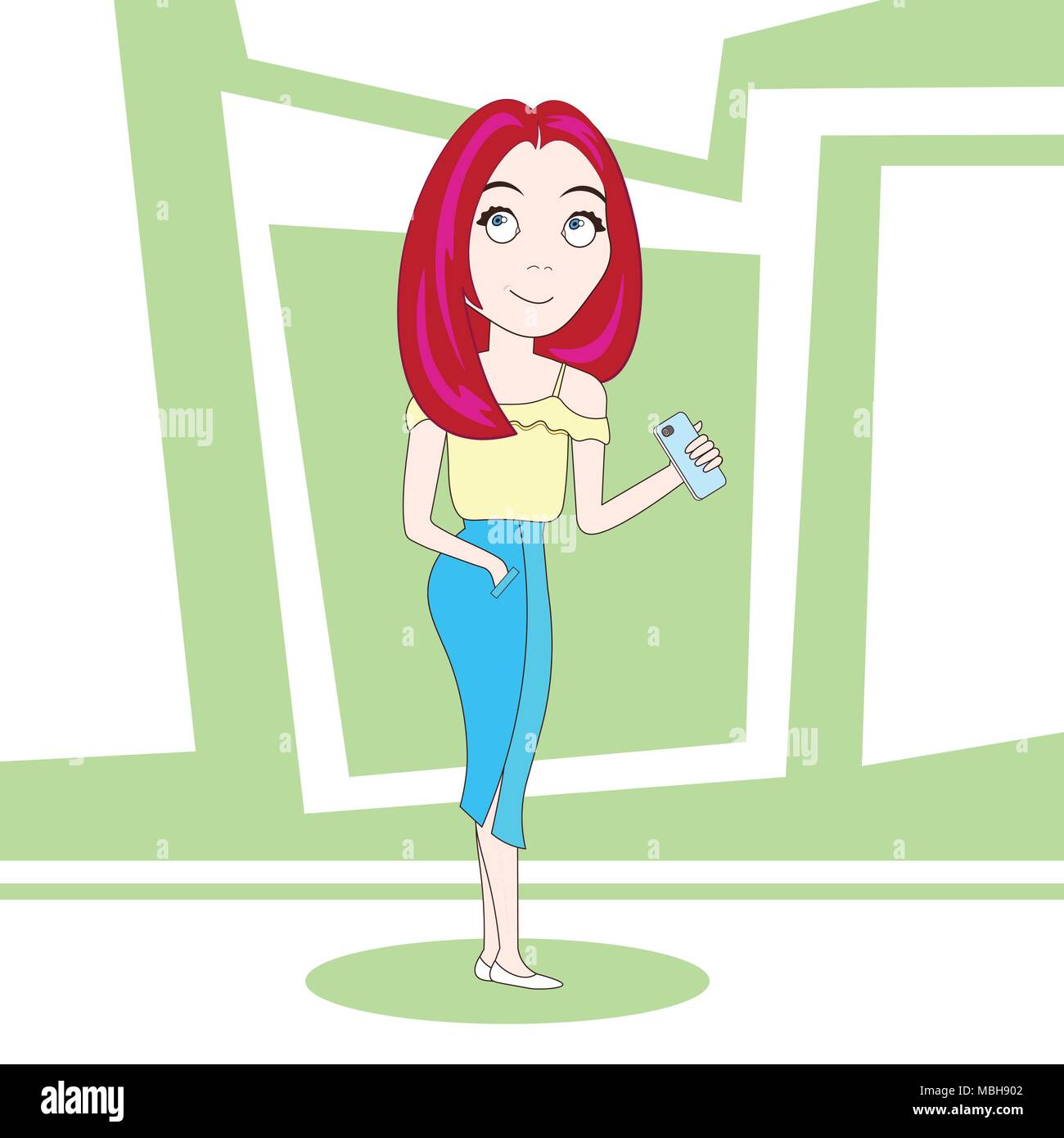 Cute Woman In Stylish Clothes Holding Cell Smart Phone Cartoon ...