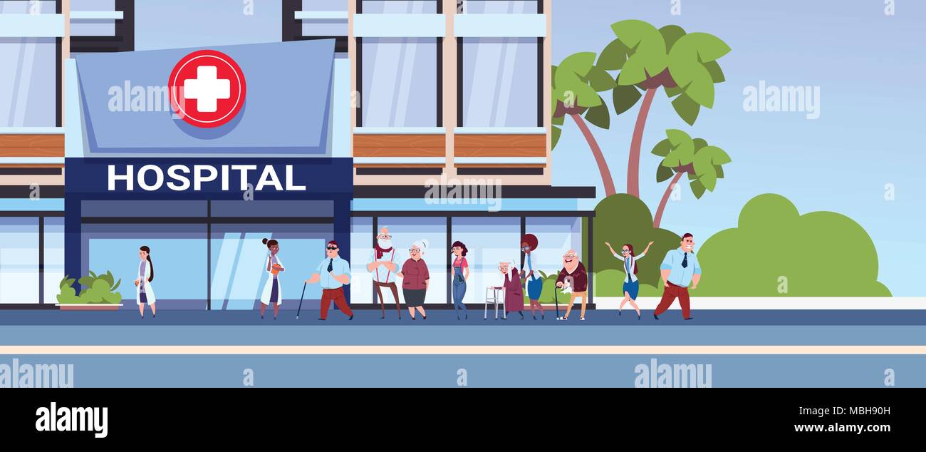 Different Patients Walking To New Modern Hospital Building Medical ...