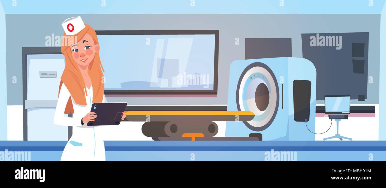 Female Doctor Examine Results Of Mri Scanning Over Machine Scanner ...