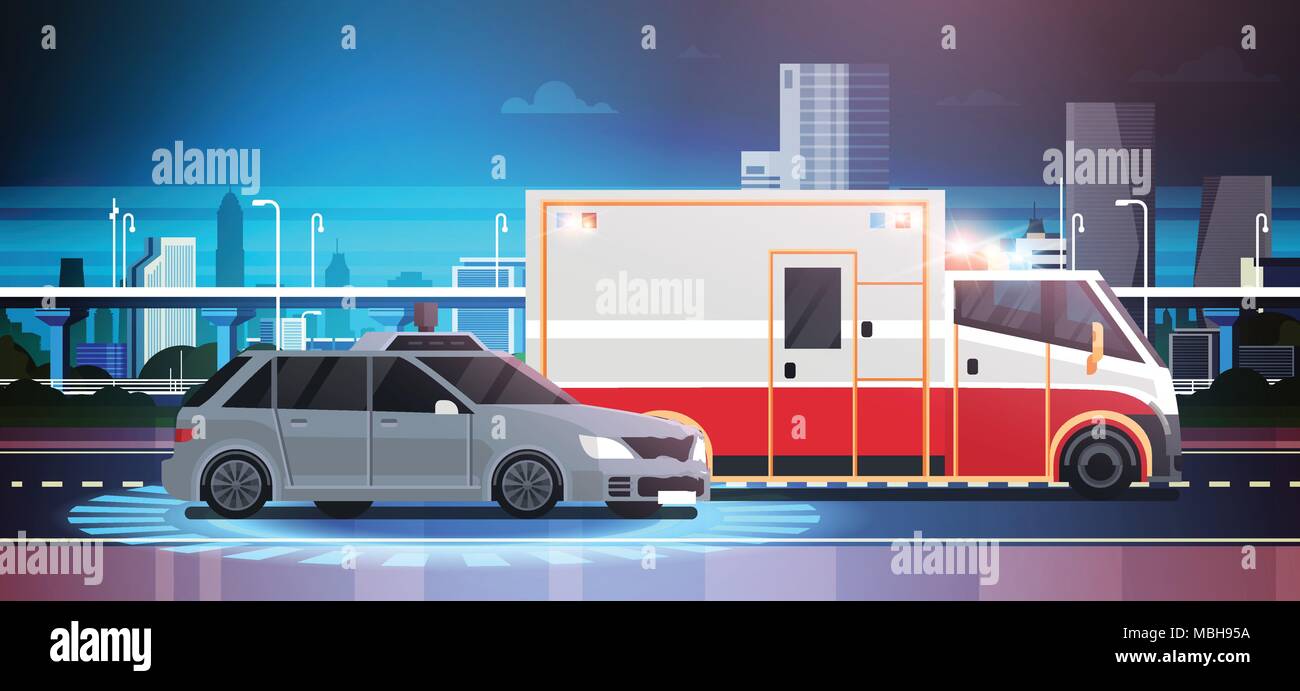 Car Accident Scene Of Road Crush With Ambulance Over City Background ...