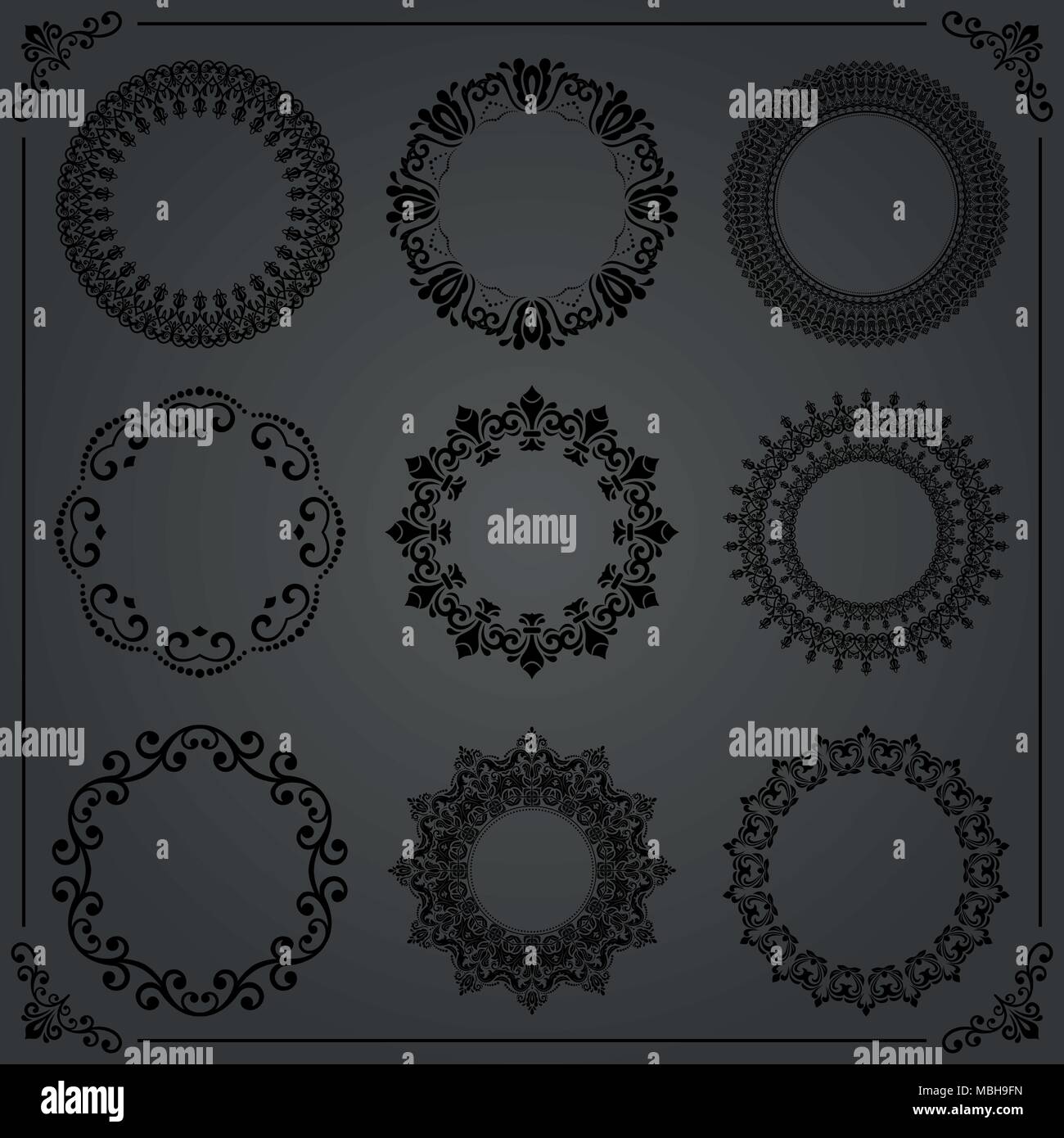 Vintage set of vector round black elements. Different elements for ...