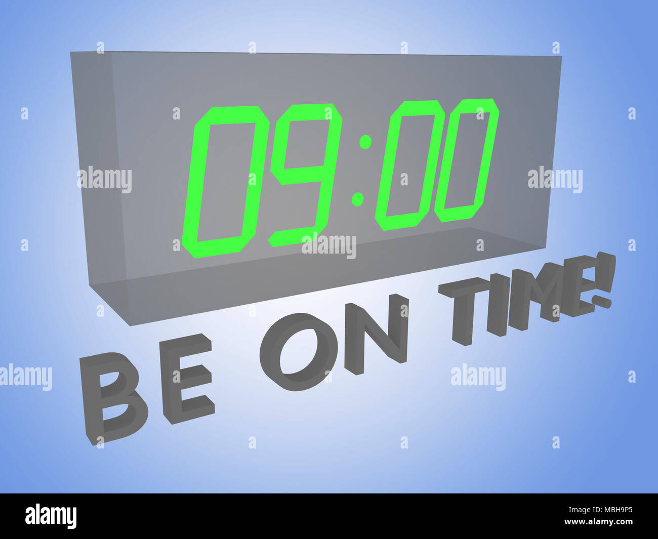 3D illustration of Be on Time! title below a clock with pale blue ...