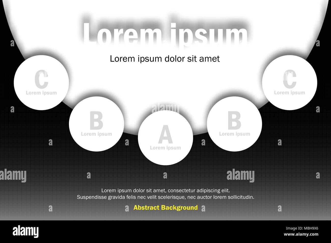 Business infographics presentation with white 5 circle topics on black ...