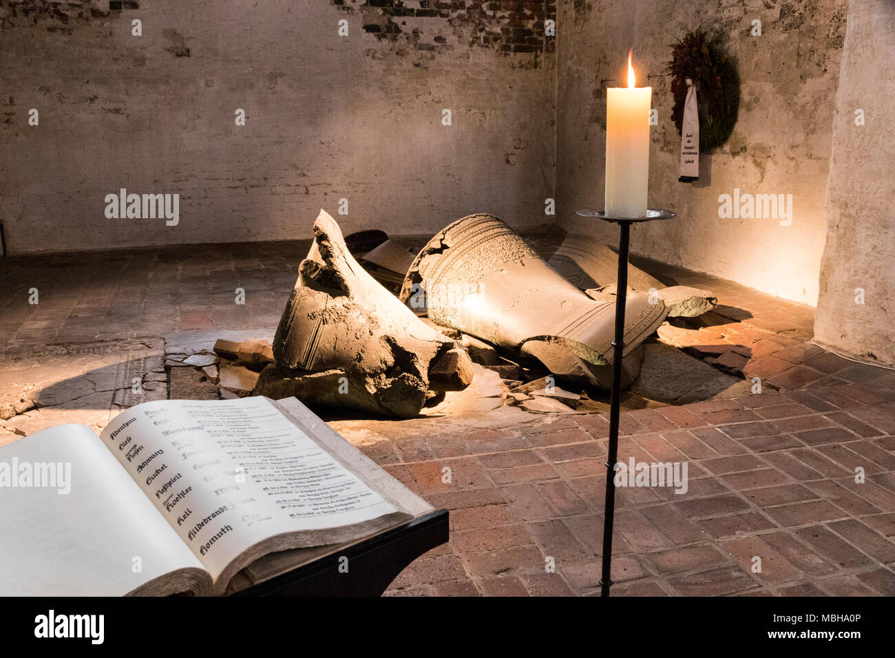 Lubeck, Germany. The broken bells which fell to the ground in the fire ...