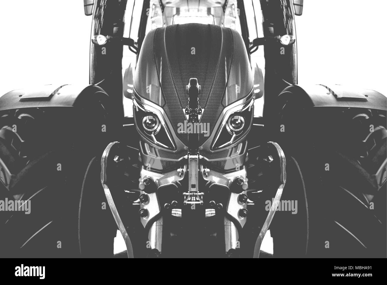 new, beautiful tractor, close-up, black and white photo, background ...
