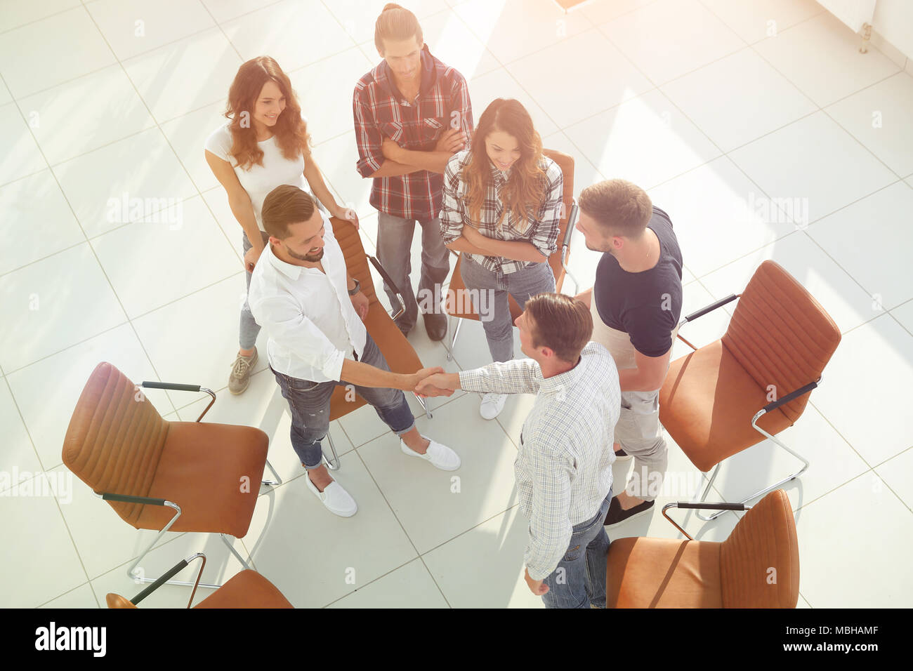 view from the top.handshake of businessmen before the meeting Stock ...