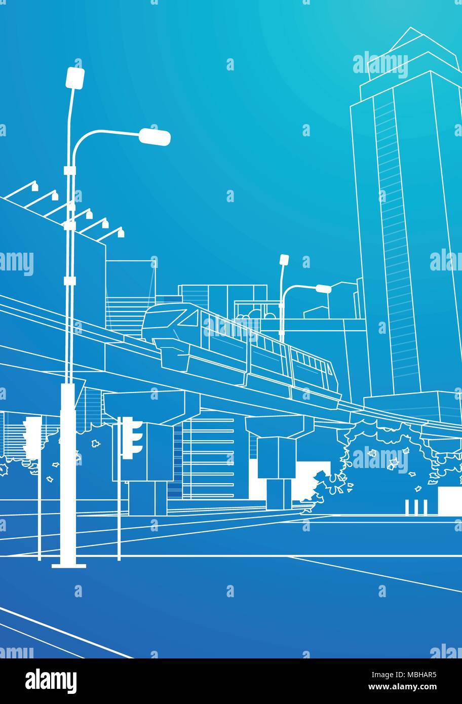 Modern Cityscape Railway Bridge Over Blue Background Thin Line City ...