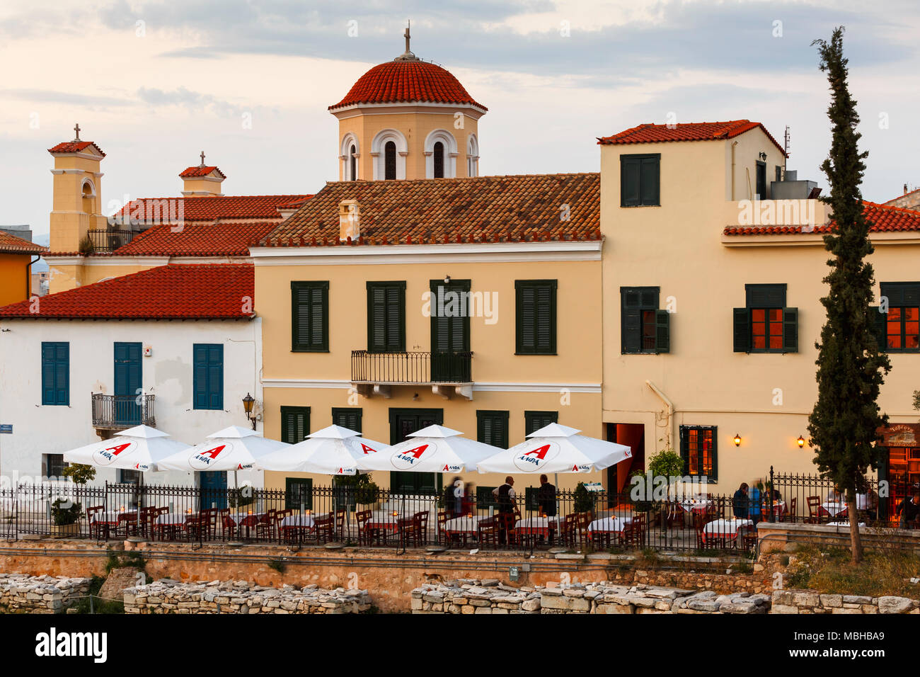 Church and neoclassical buildings in the old town of Athens, Greece ...