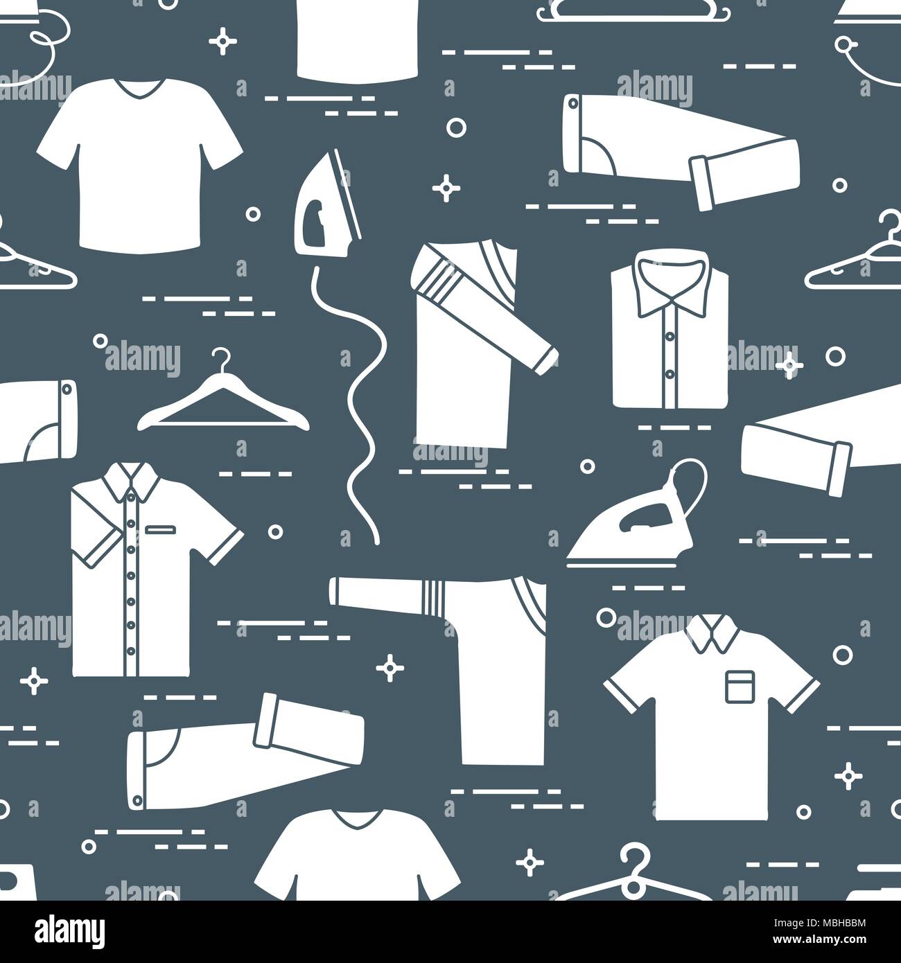 Seamless pattern with irons, clothes hangers and different clothes ...