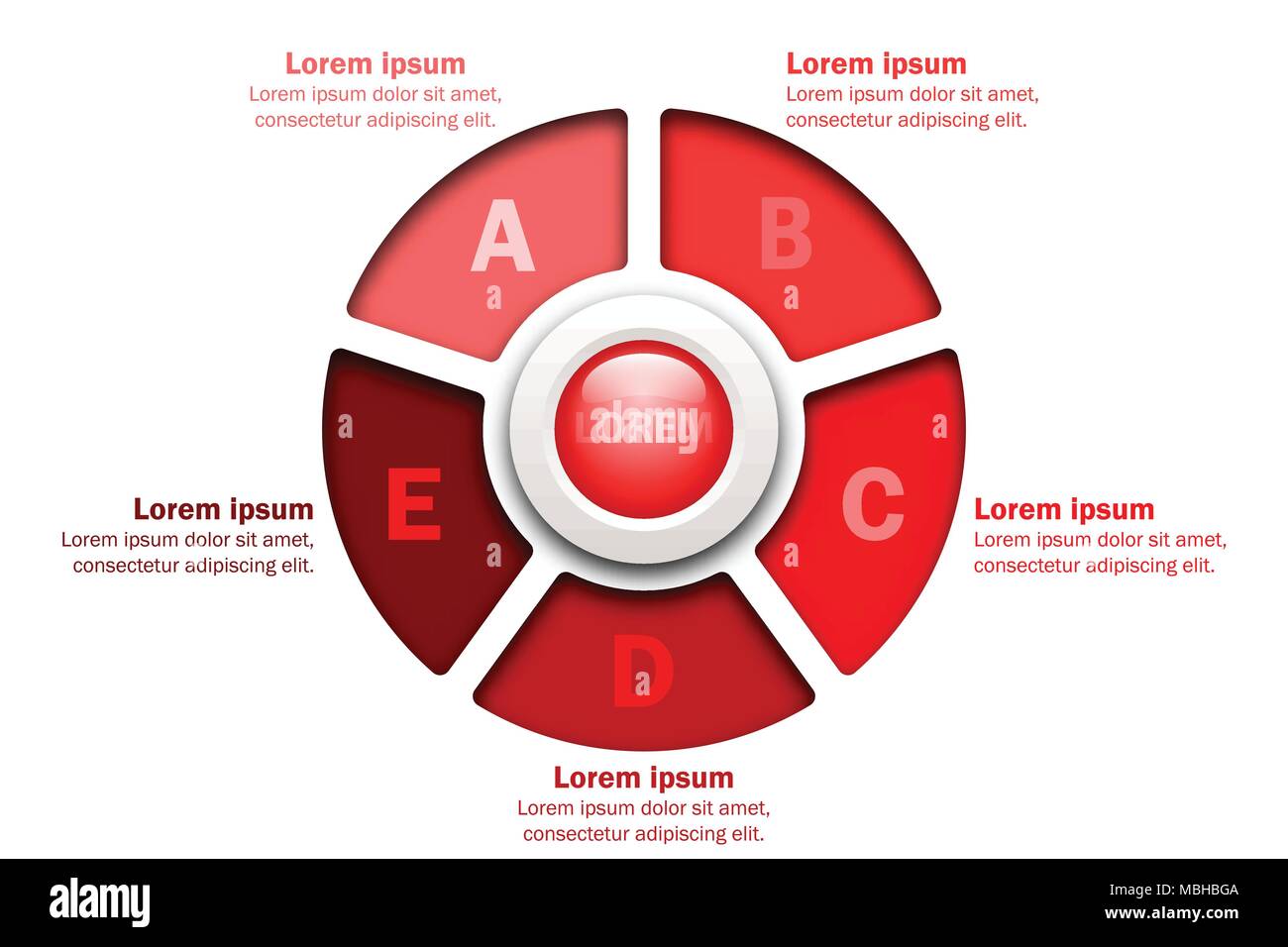 Five topics Red chart in paper cut style with marble circle in center ...