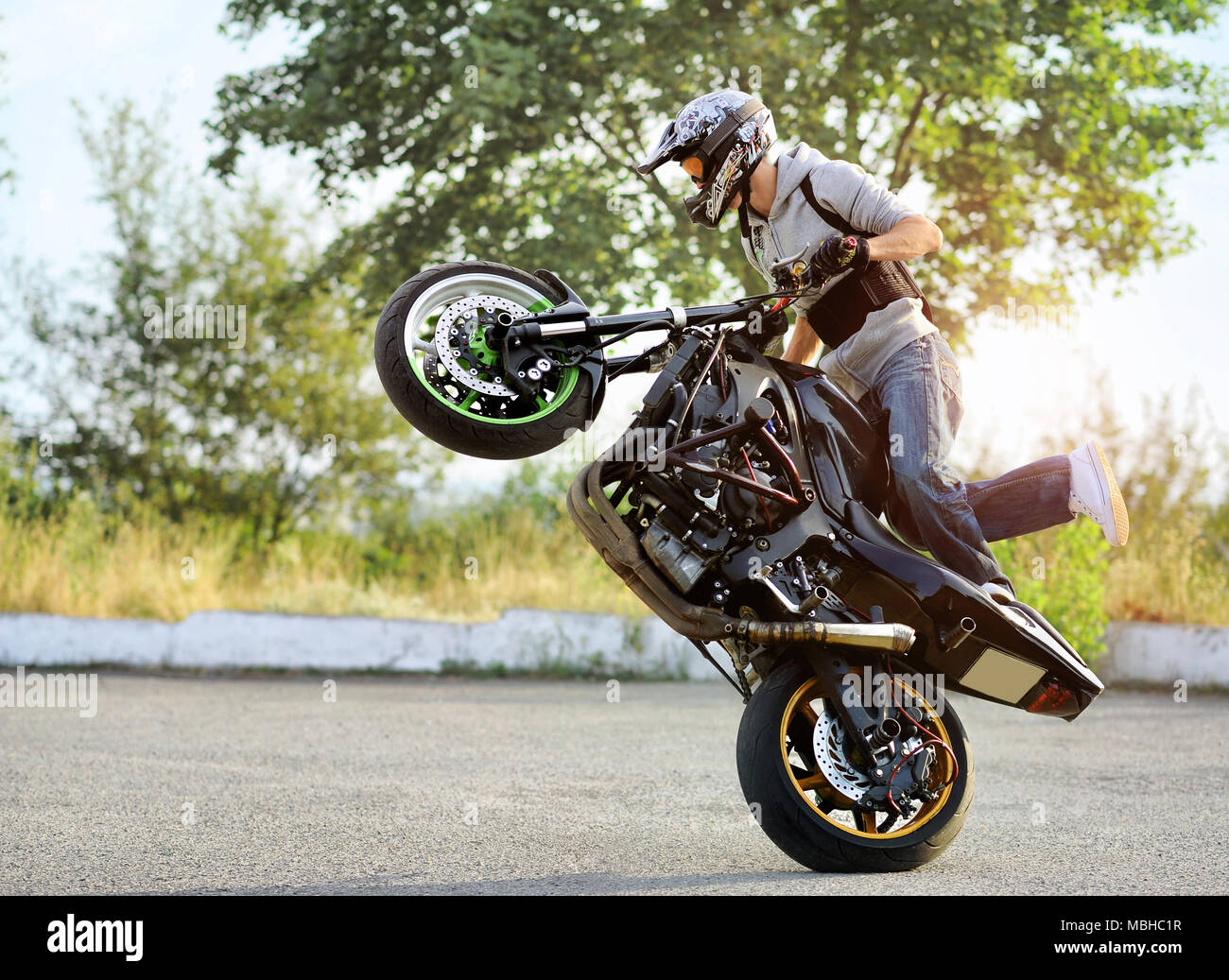 Ivano-Frankivsk, Ukraine - 28 August 2015 : Young biker is showing his ...