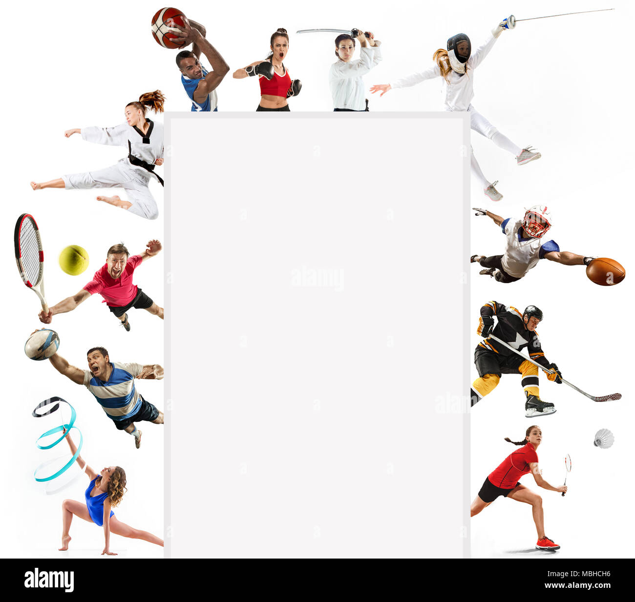 Sport collage about kickboxing, soccer, american football, basketball ...