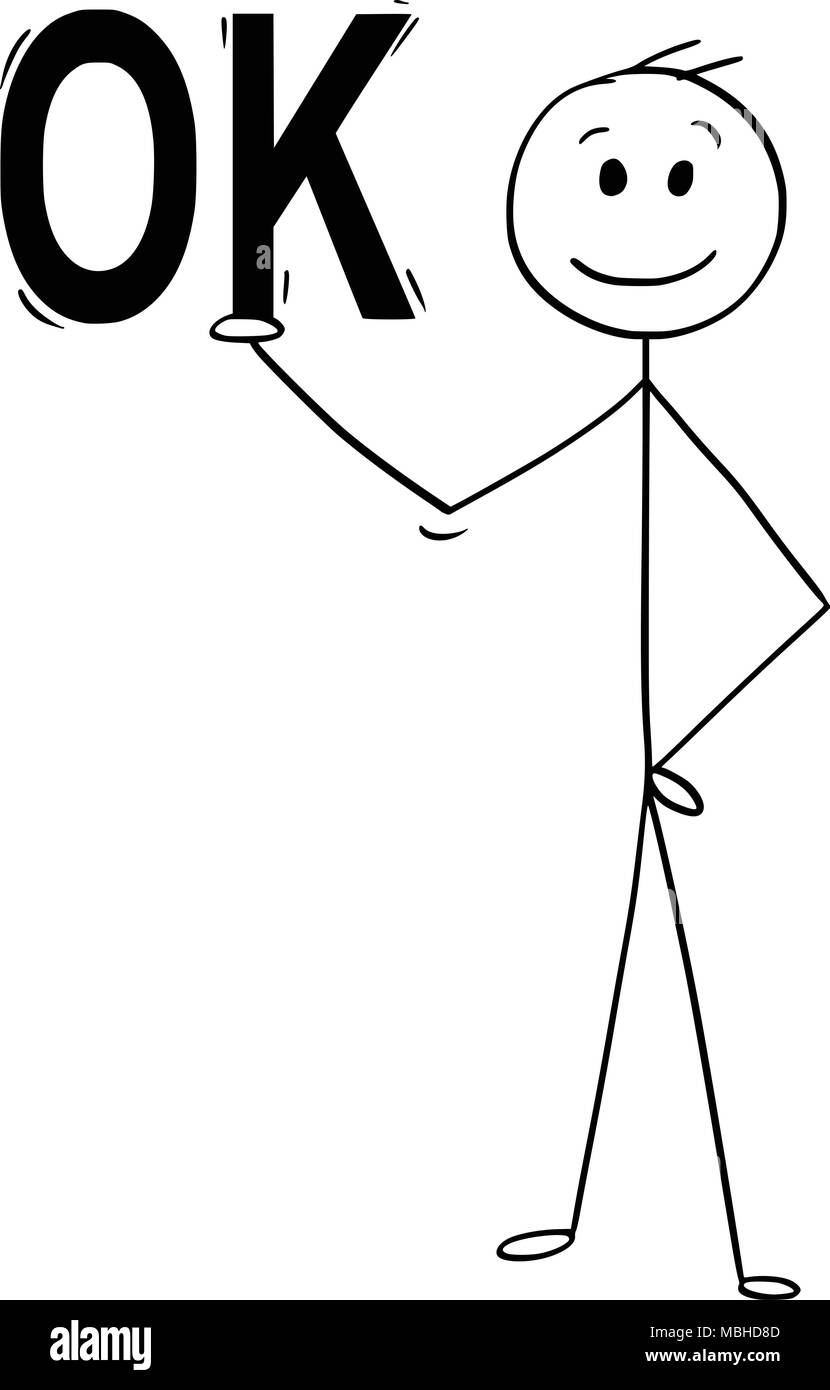 Cartoon of Man or Businessman Holding OK Text on His Hand Stock Vector ...